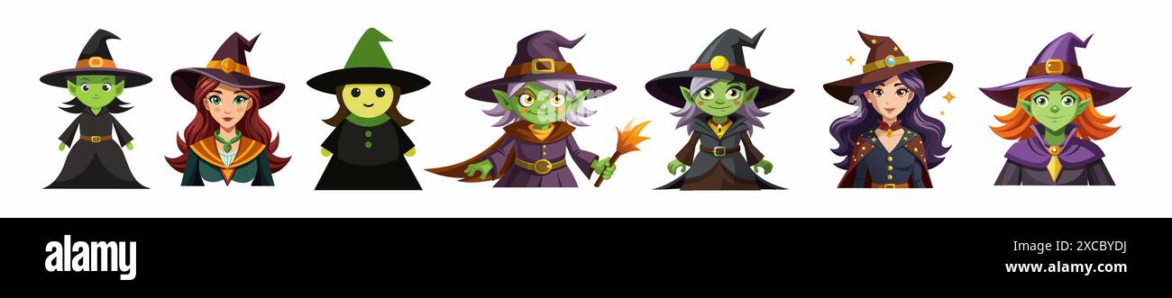 Set of cartoon witches with pointed hats and robes, isolated on white ...
