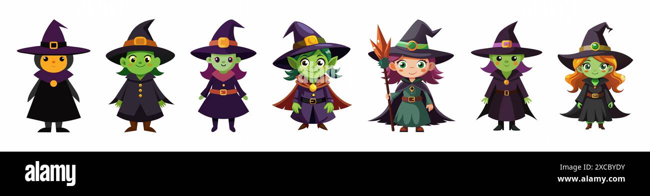 Set of cute cartoon witches with pointed hats and robes, isolated on ...