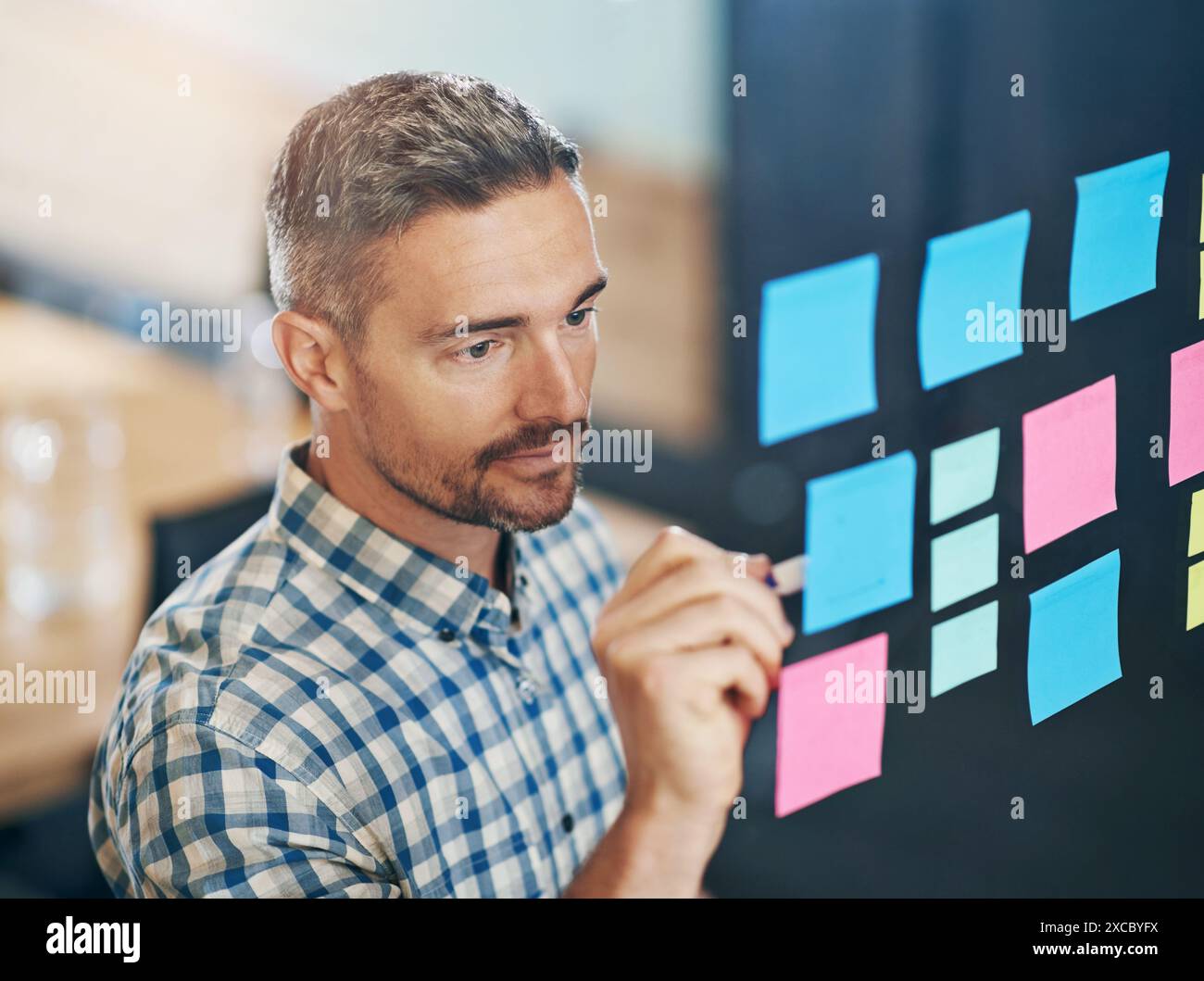 Planning, man and sticky notes in office for writing, tasks and ...