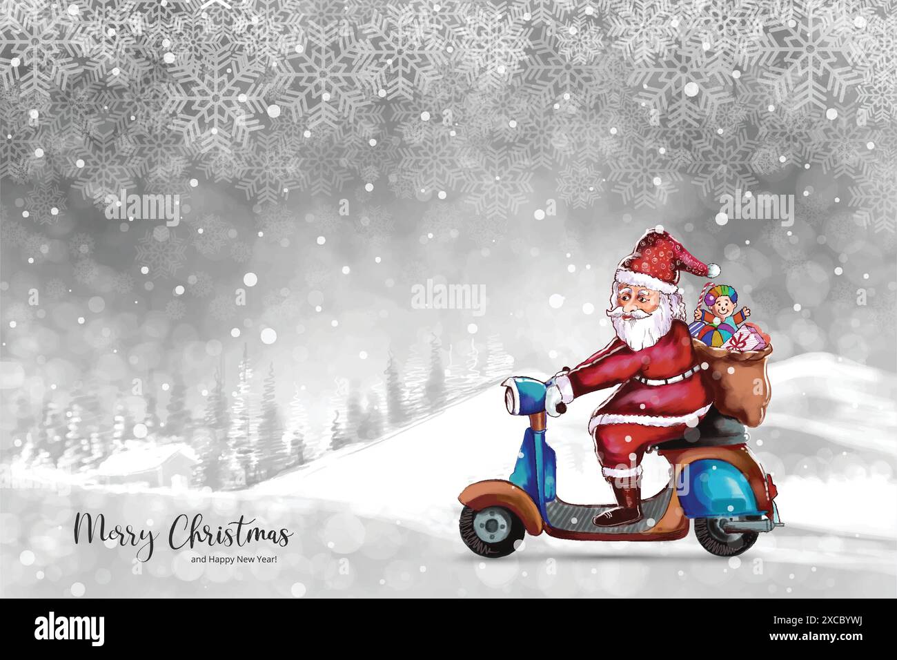 Beautiful christmas landscape in winter with santa claus on riding a ...