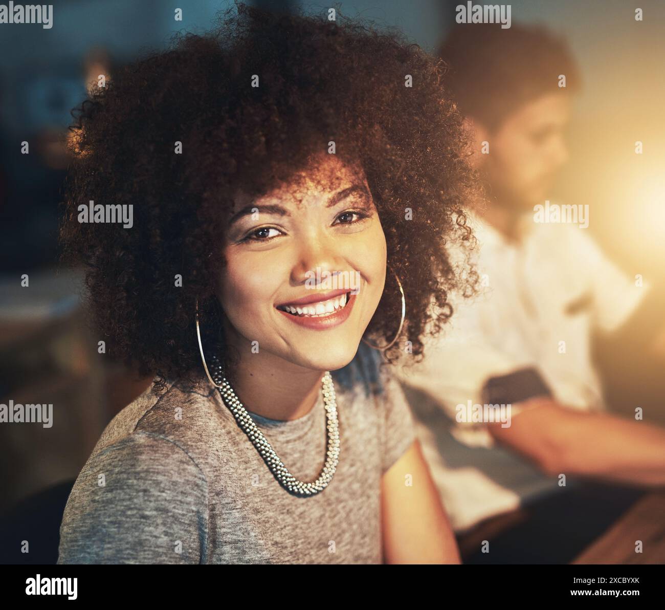 Teamwork, portrait and woman with smile in night, office and working ...