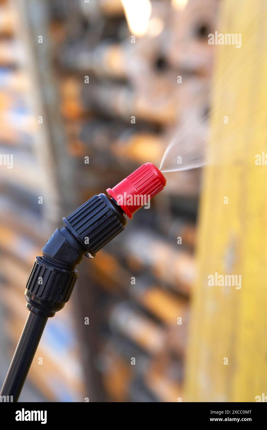 Applying form release agents with sprayer, concrete formworks Stock ...