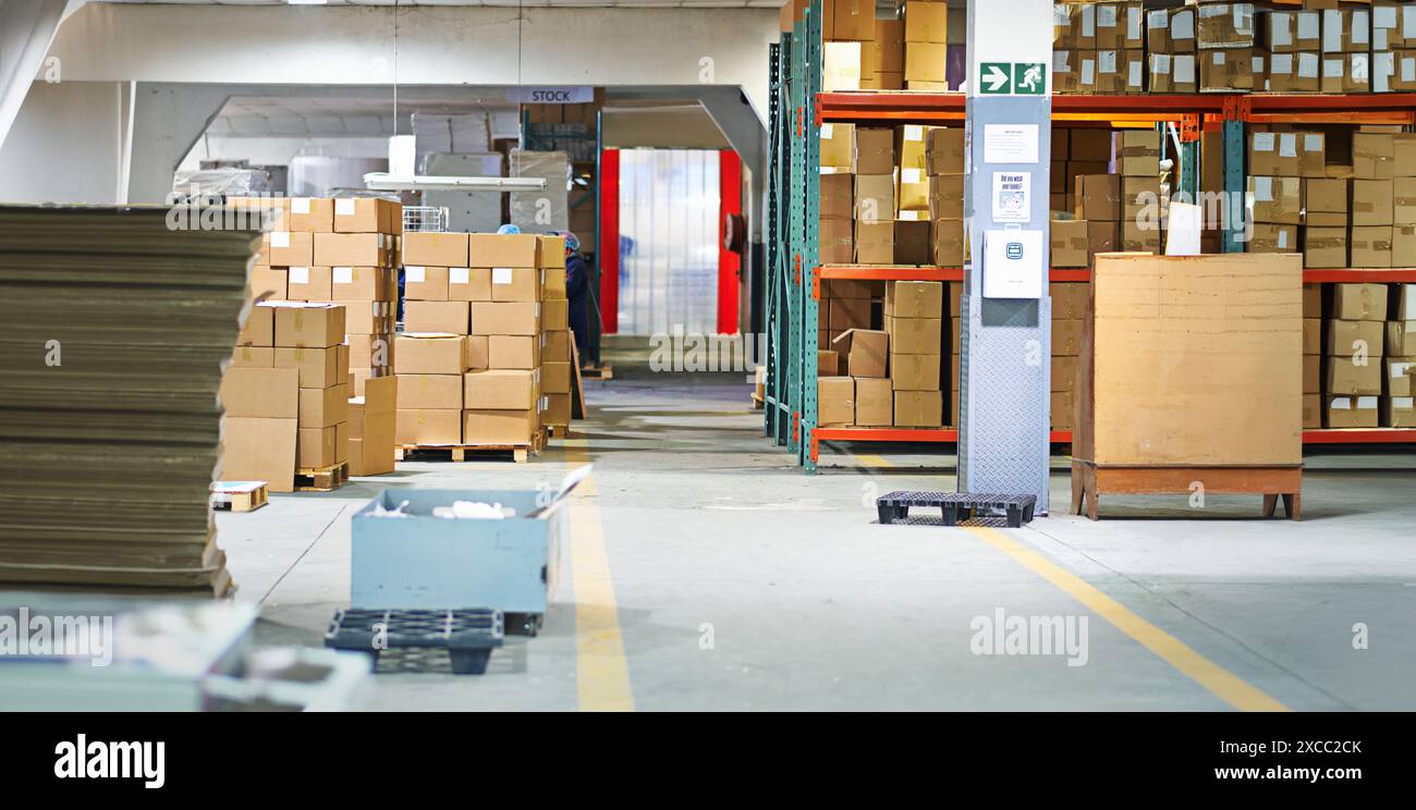 Shelves, warehouse and box for shipping, delivery and order in supply ...