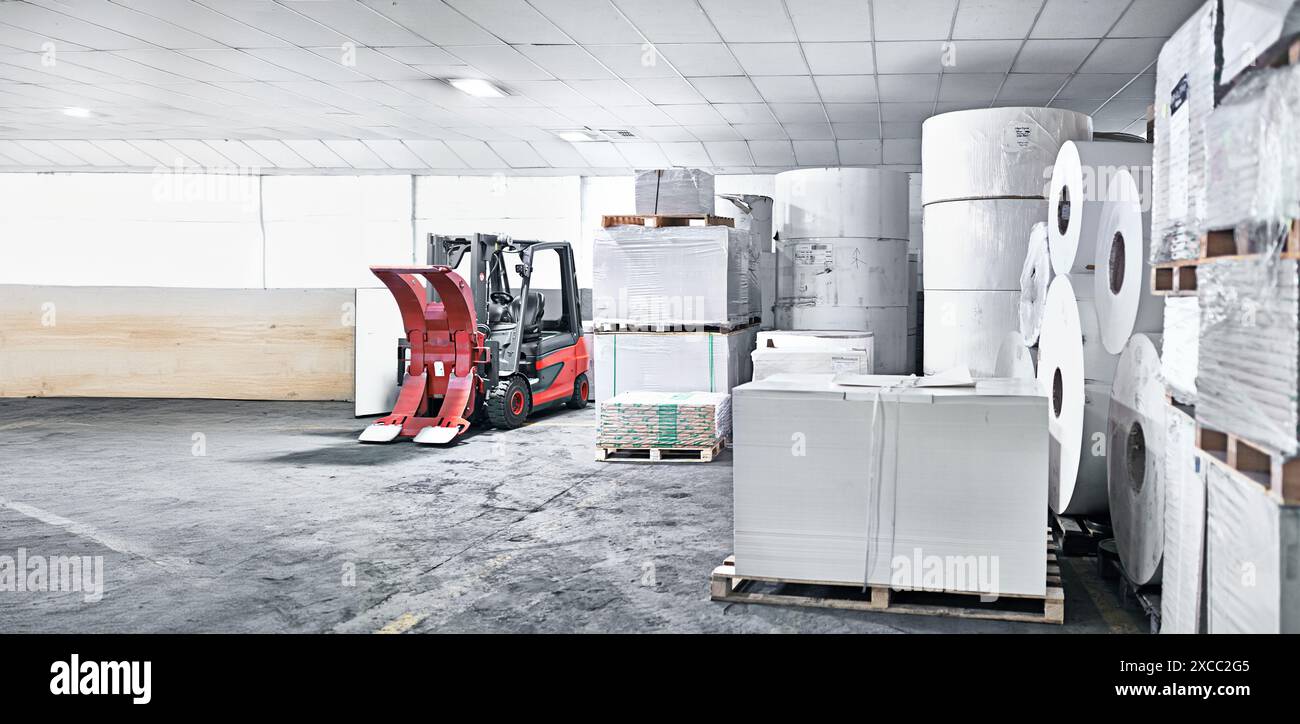 Printing, factory and paper manufacturing in warehouse at production ...
