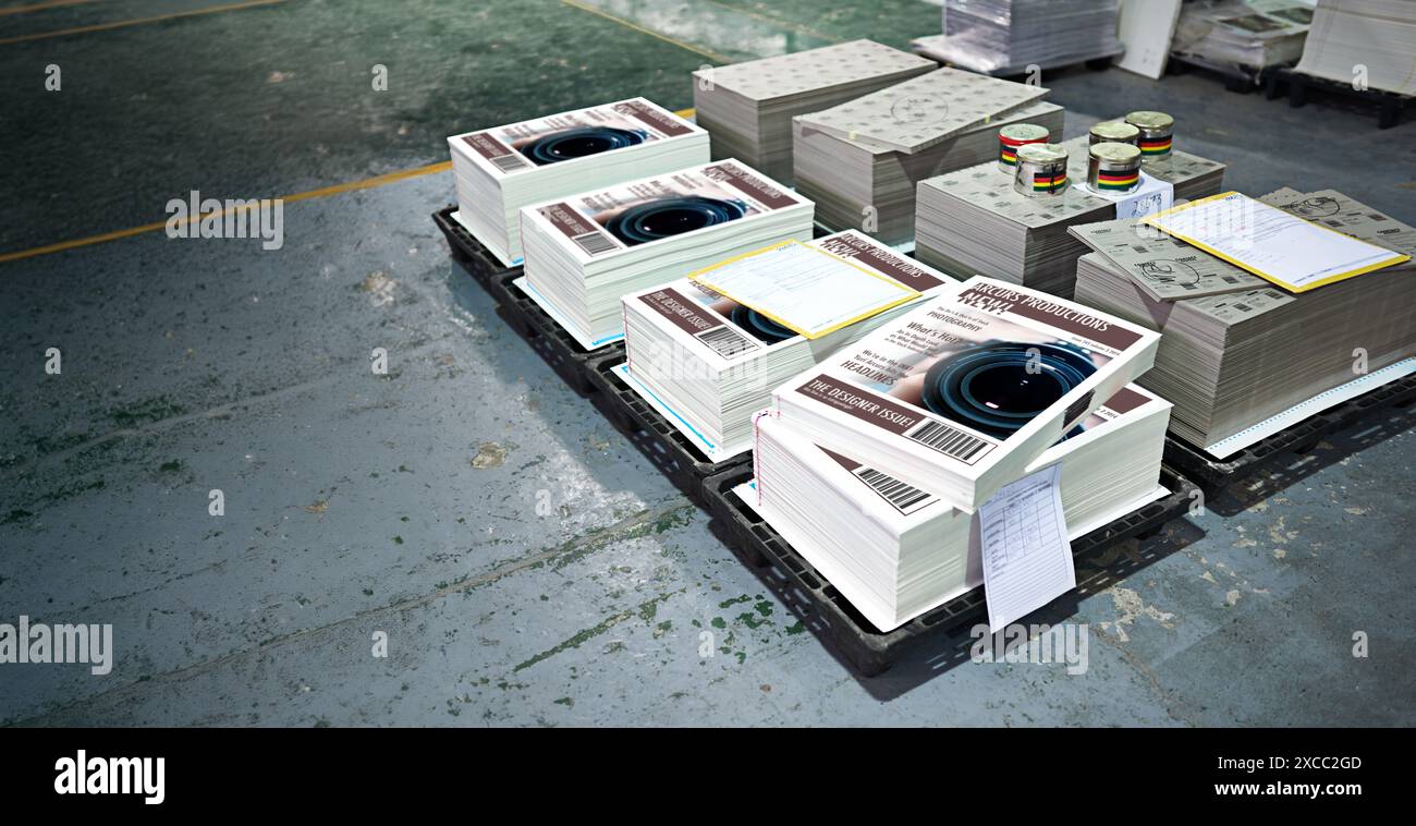 Books, pallet and floor in factory with paper for manufacturing, supply ...