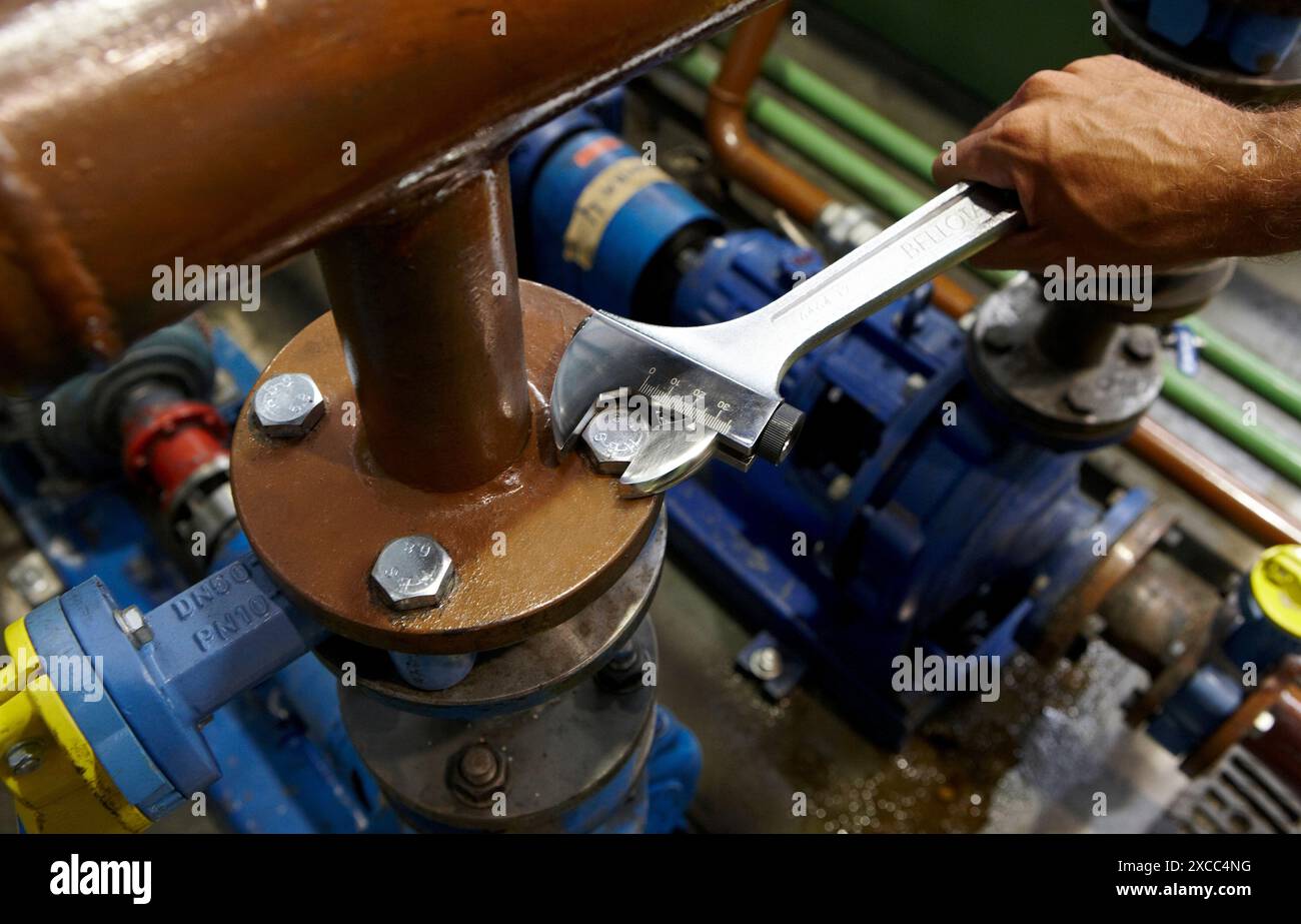Worker using adjustable spanner, industrial maintenance Stock Photo - Alamy