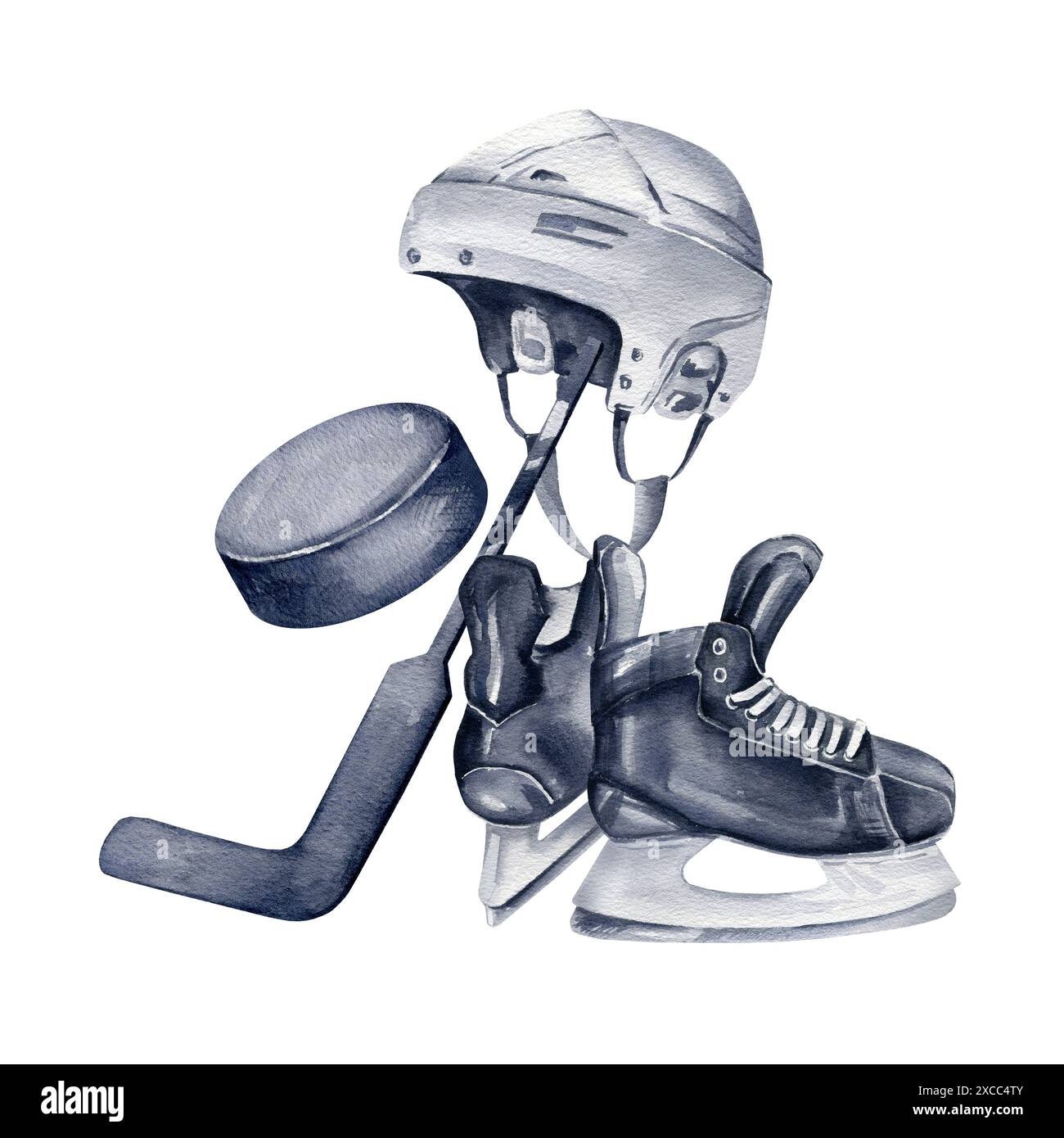hockey black skates, helmet, stick, puck on white background, hand ...