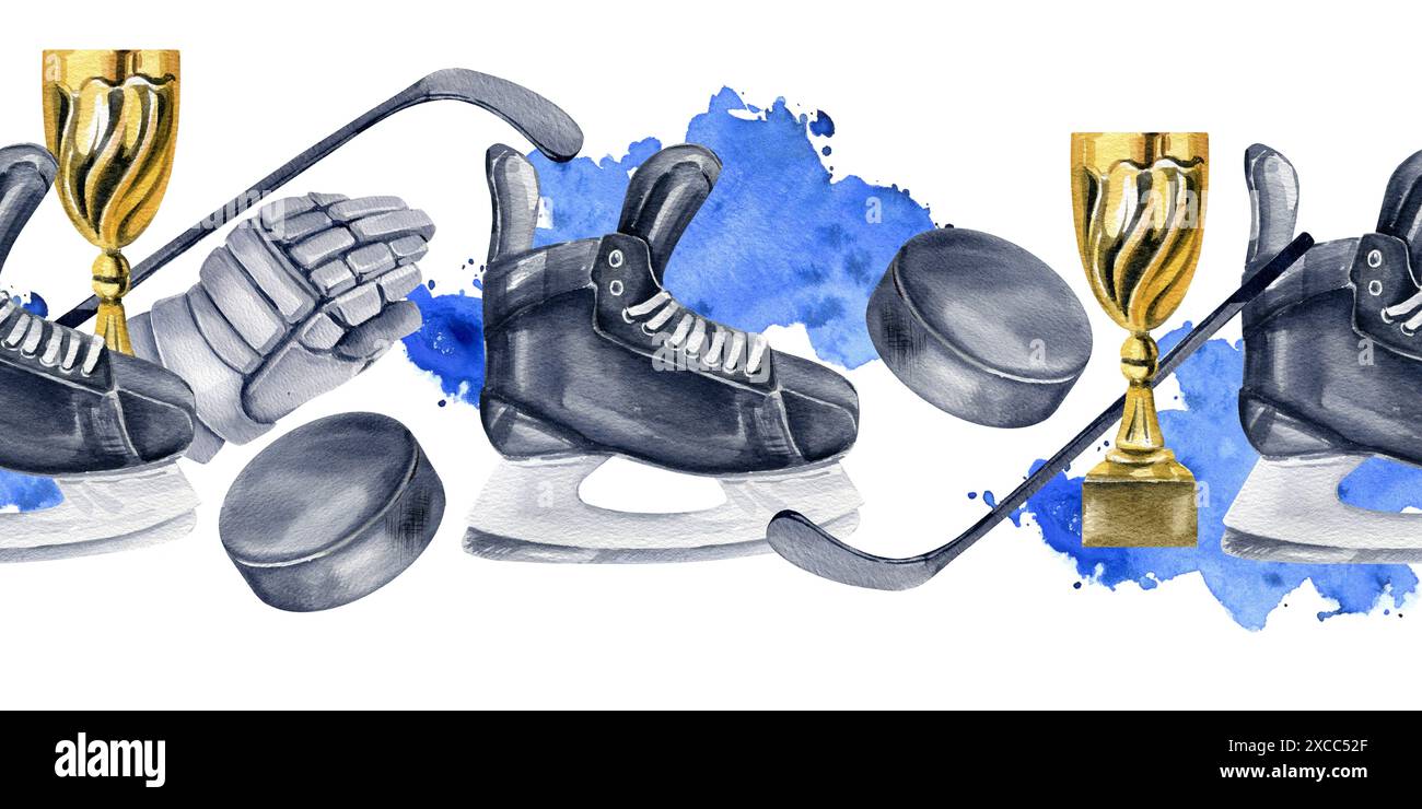 hockey black skates, glove, stick, puck, golden cup on watercolor blue ...