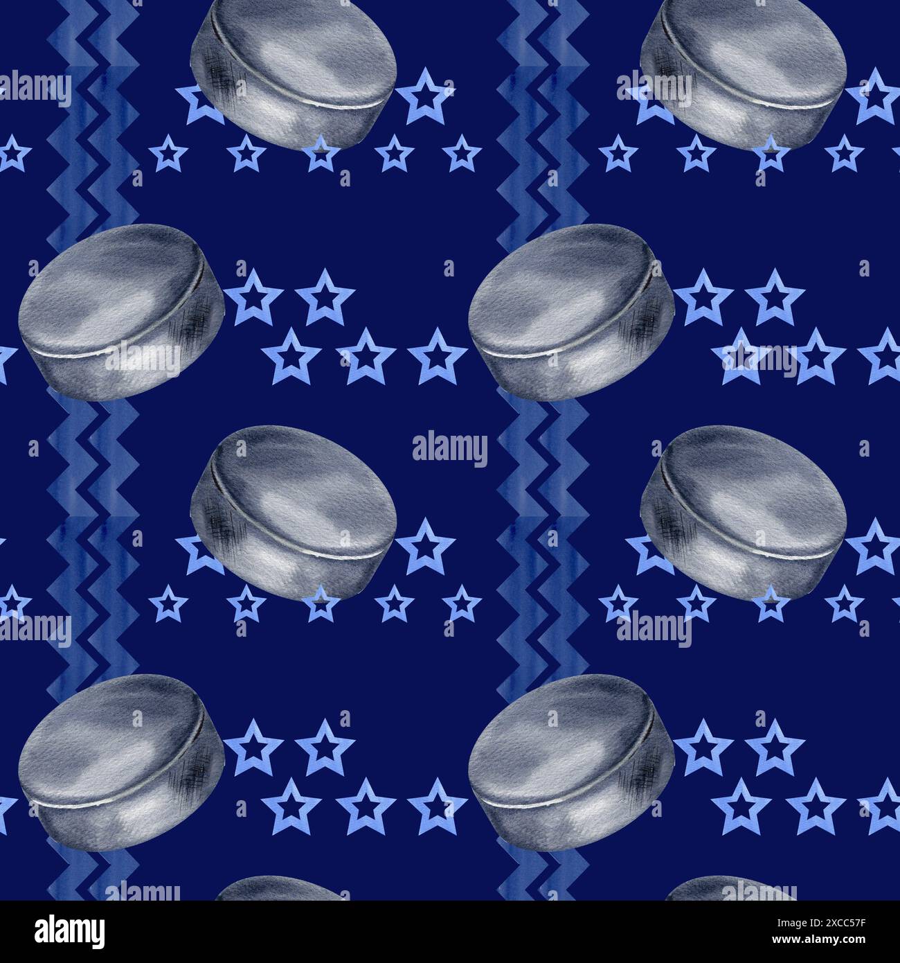 seamless pattern with black hockey puck, textured stars, zigzag pattern ...