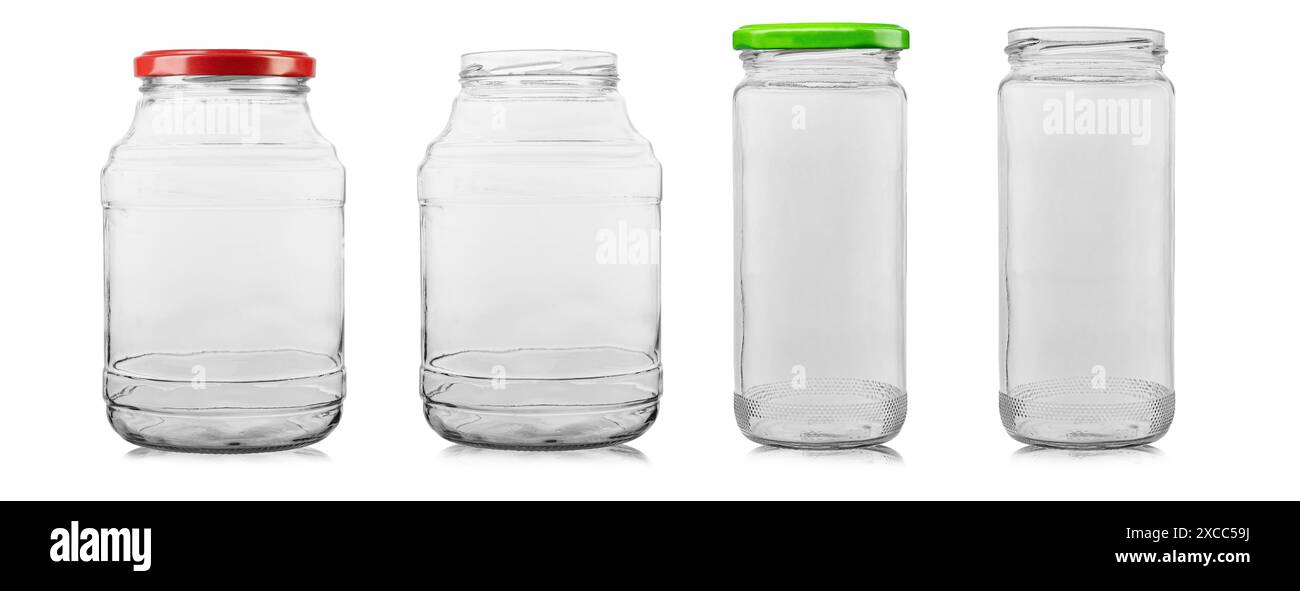 Collection of glass jars for food and preservation isolated on white ...