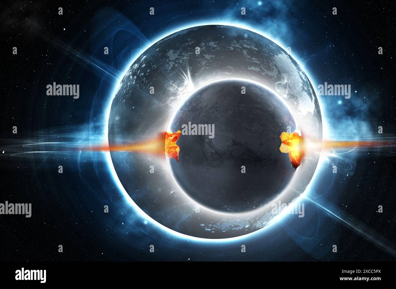 Universe, outer space and asteroid attack on planet with fire on dark ...