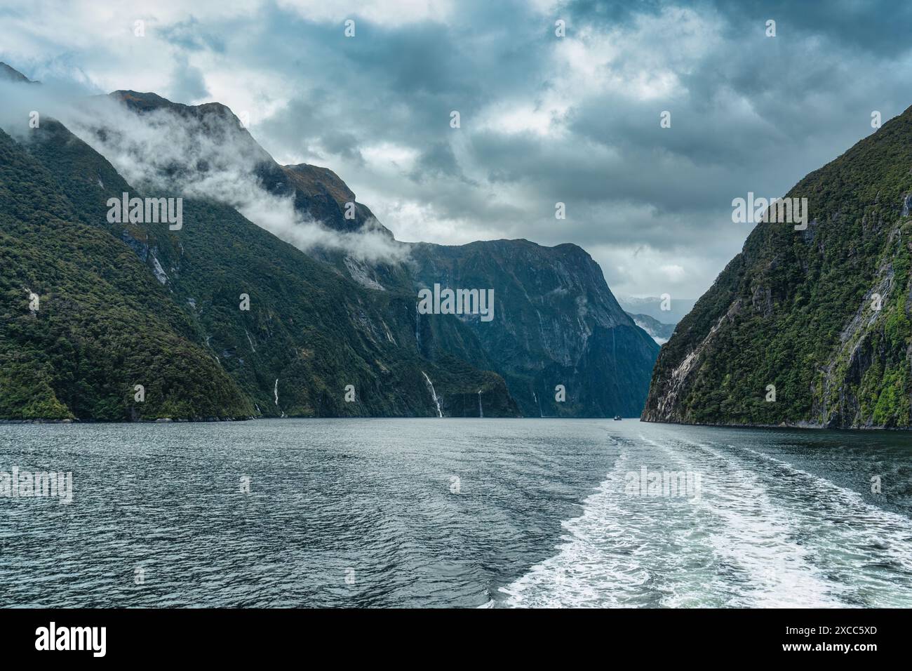 Sightseeing cruise with majestic mountain and waterfall flowing in ...
