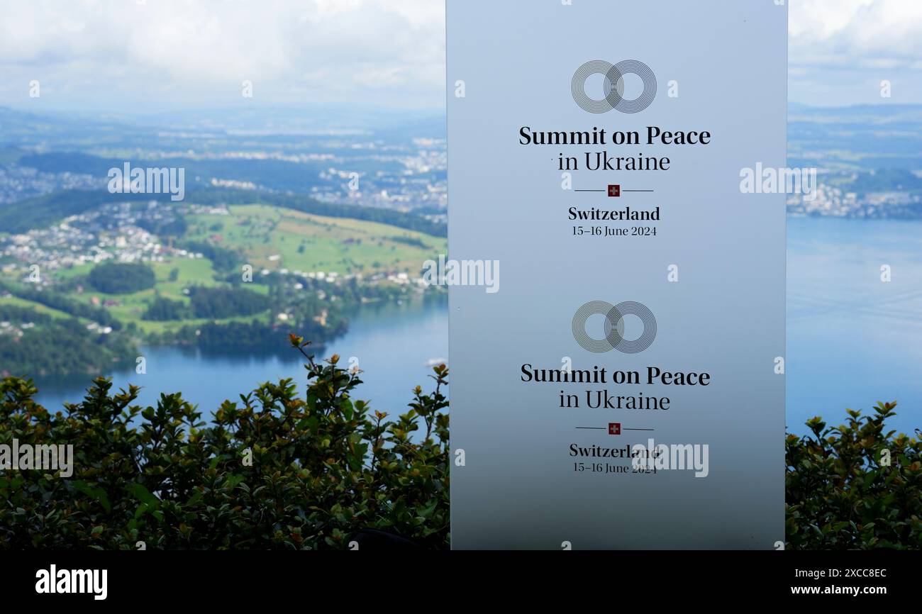 Obburgen, Switzerland. 16th June, 2024. Ukraine peace summit signage is ...