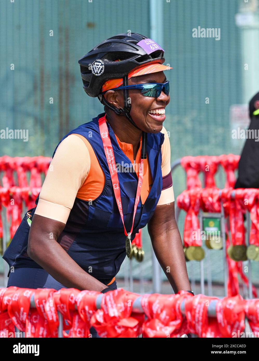 Brighton UK 16th June 2024 - All smiles for cyclists after finising the ...