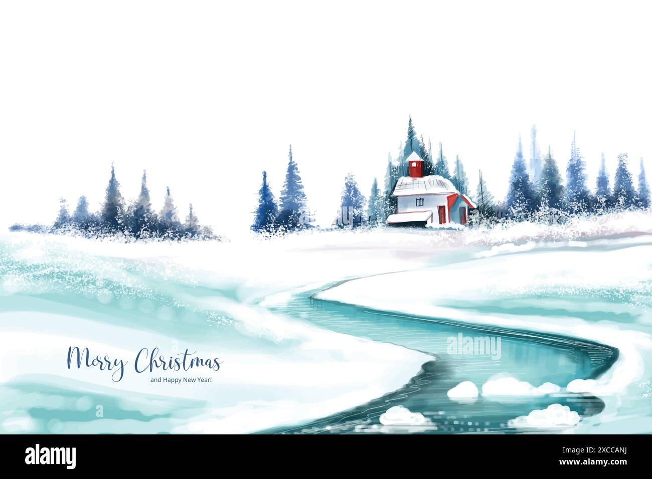 Winter landscape with falling christmas snow and tree holiday card ...