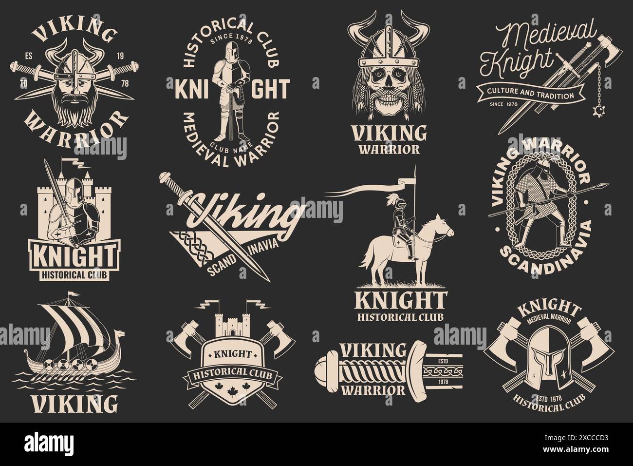 Set of viking warrior and knight historical club logos, badges ...
