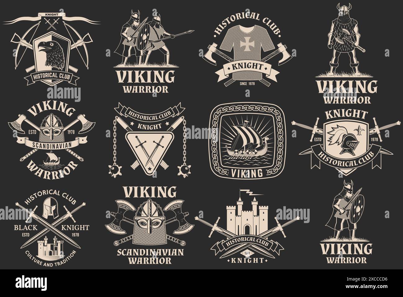 Set of viking warrior and knight historical club logos, badges ...