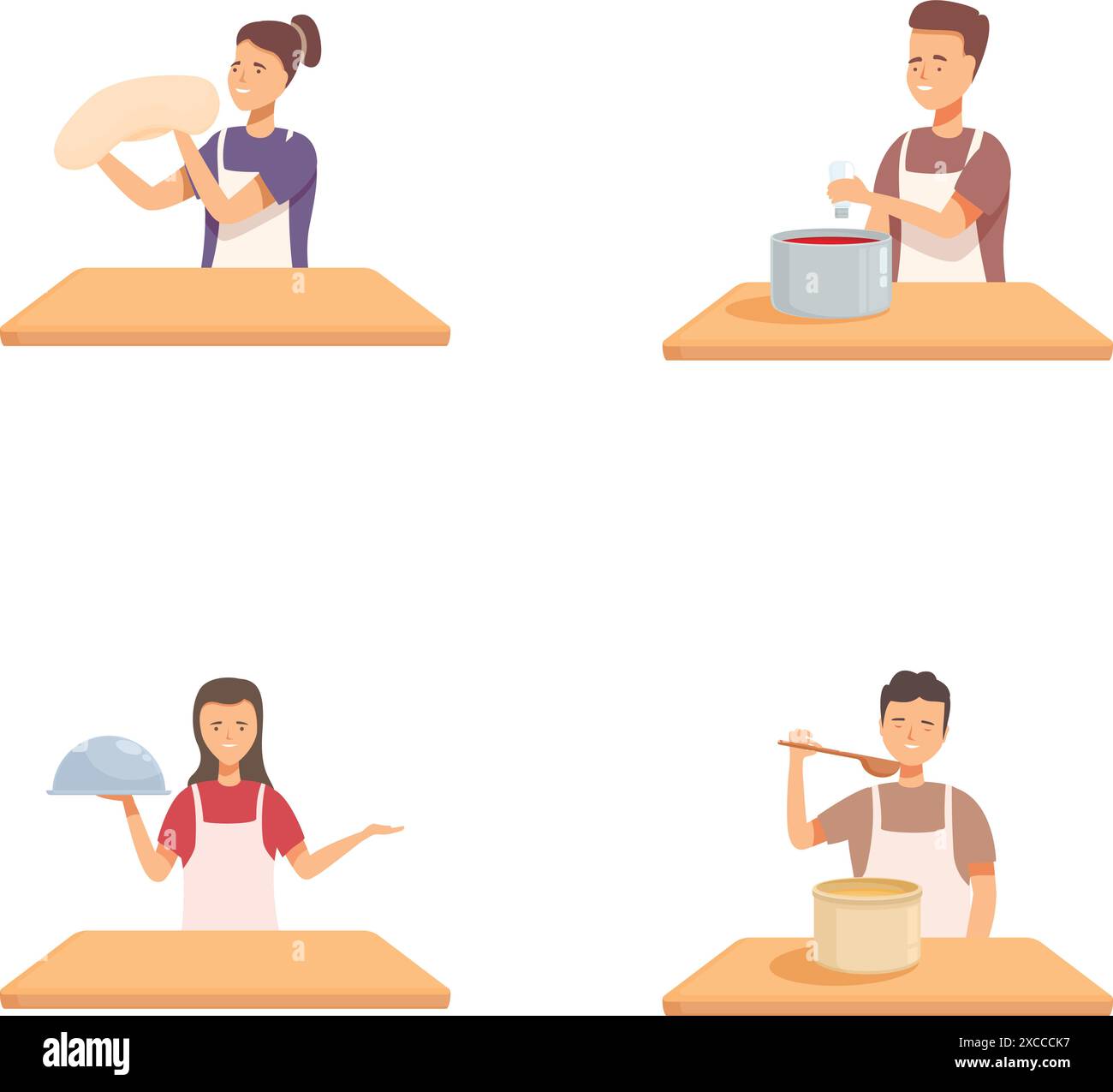 Set of four vector illustrations showing cartoon chefs engaged in ...