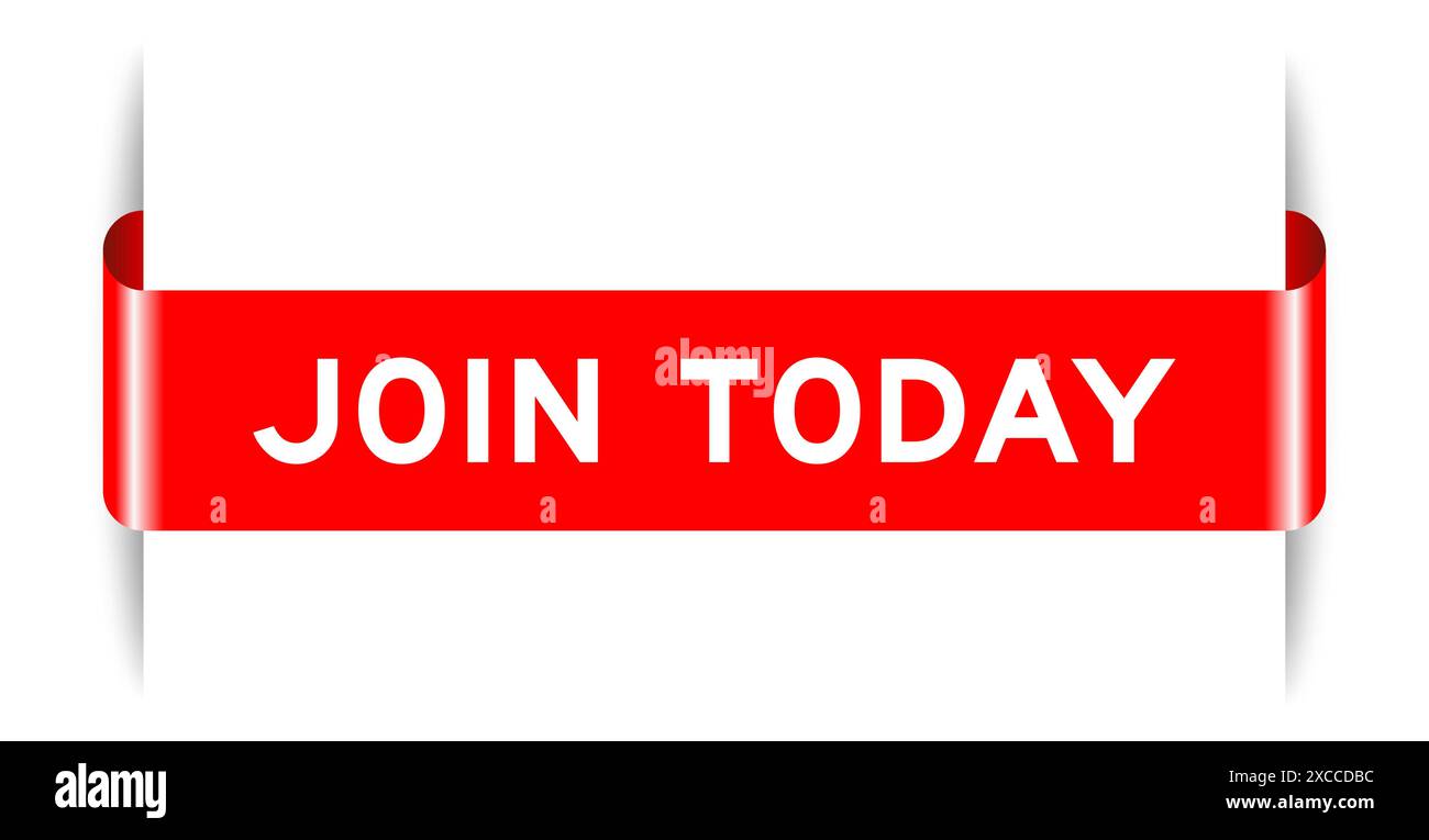 Red color inserted label banner with word join today on white ...