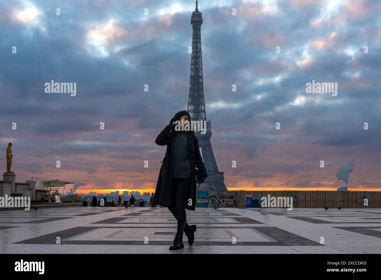 Eiffel Tower in Paris, view from Trocadero Square and girl posing Stock ...