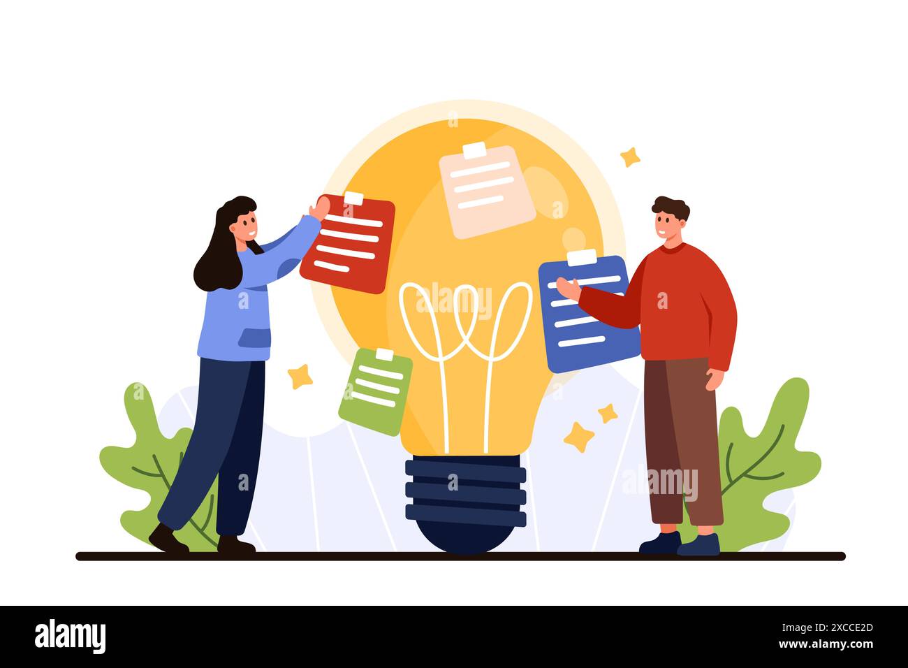 Ideation, brainstorm meeting and workshop. Tiny people share opinion ...