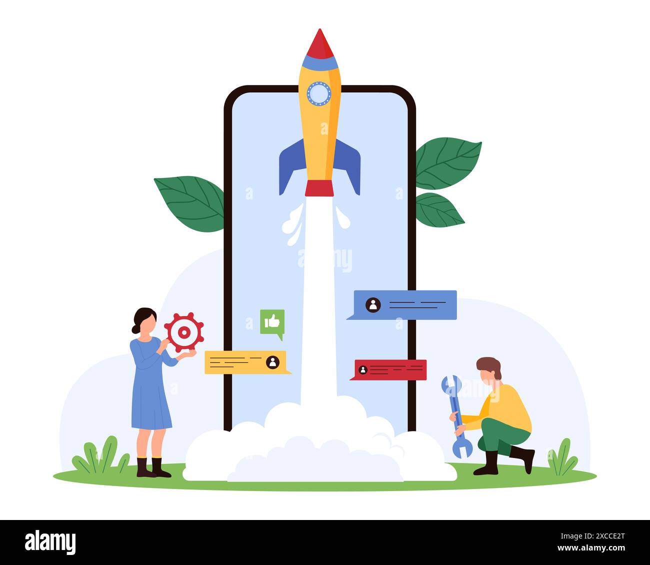 Digital startup boost and development, success of new smart idea. Tiny people holding gear and ...