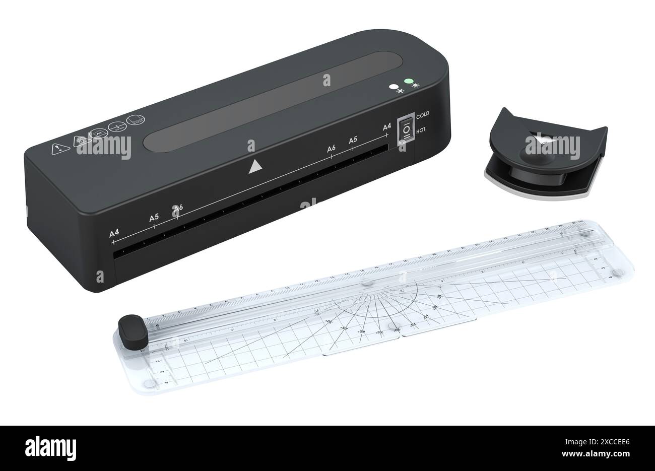 Laminator with rotary paper trimmer and corner rounder punch. 3D ...
