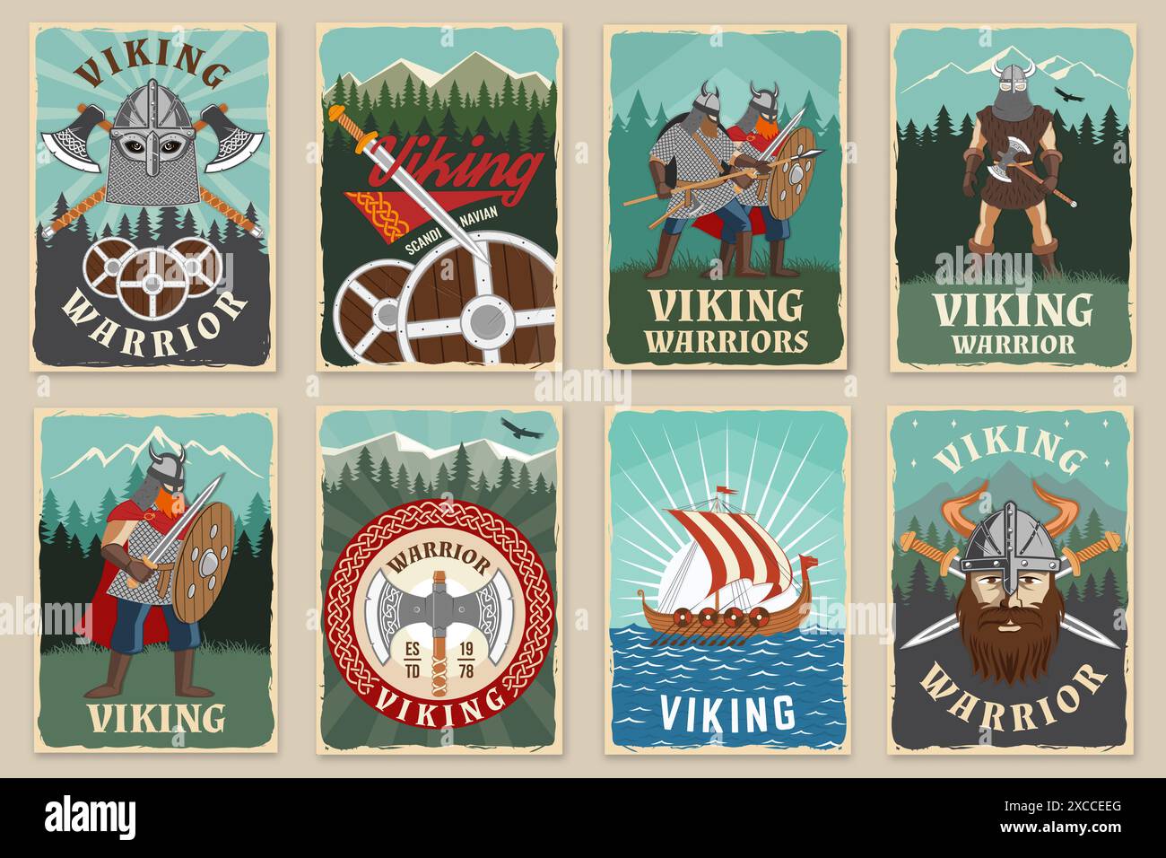 Set of viking warrior retro posters. Vector illustration. Flyer ...