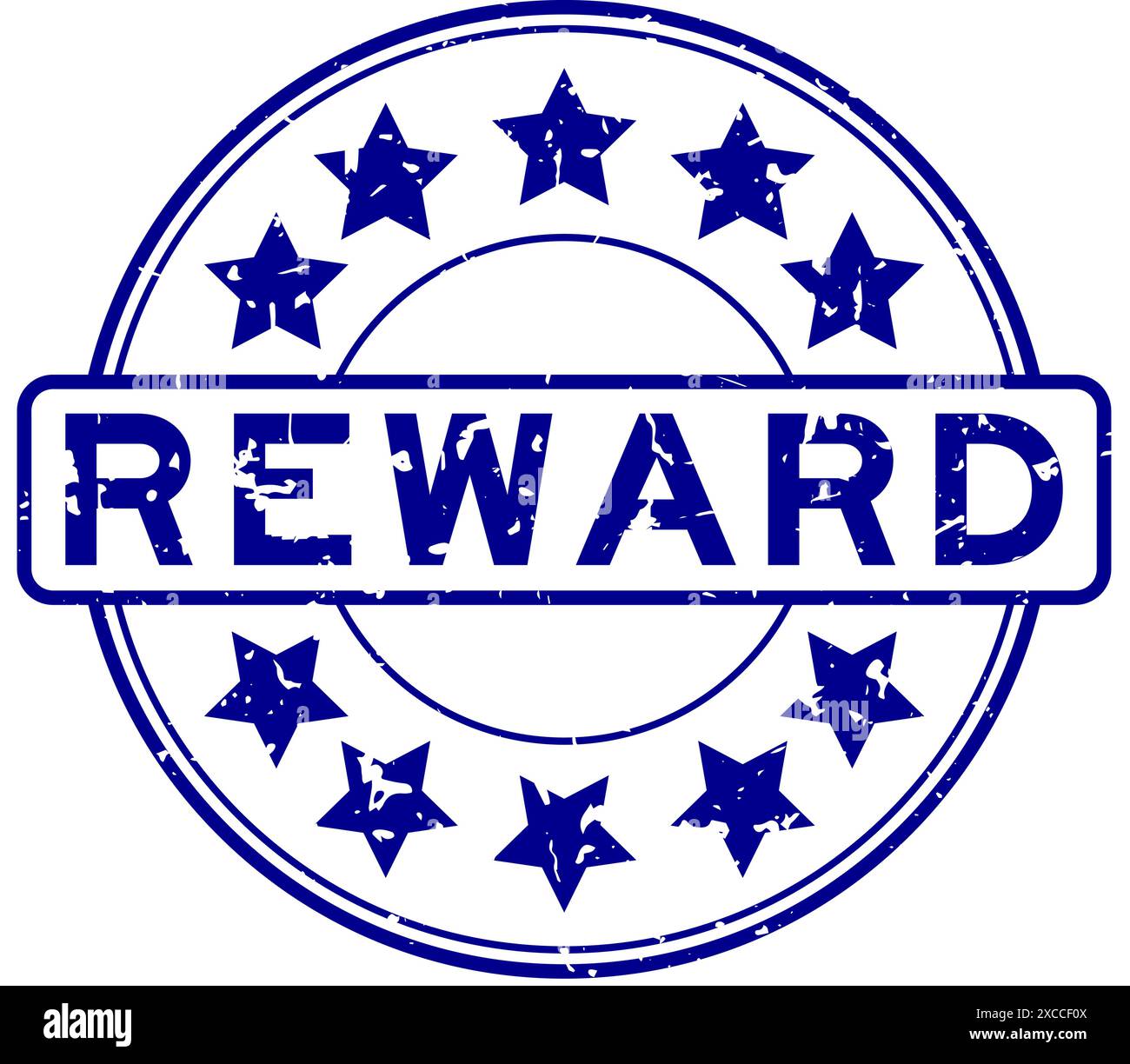 Grunge blue reward word with star icon round rubber seal stamp on white ...