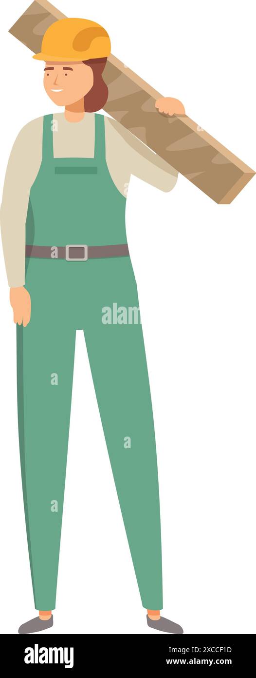 Female construction worker carrying a wooden plank on her shoulder ...