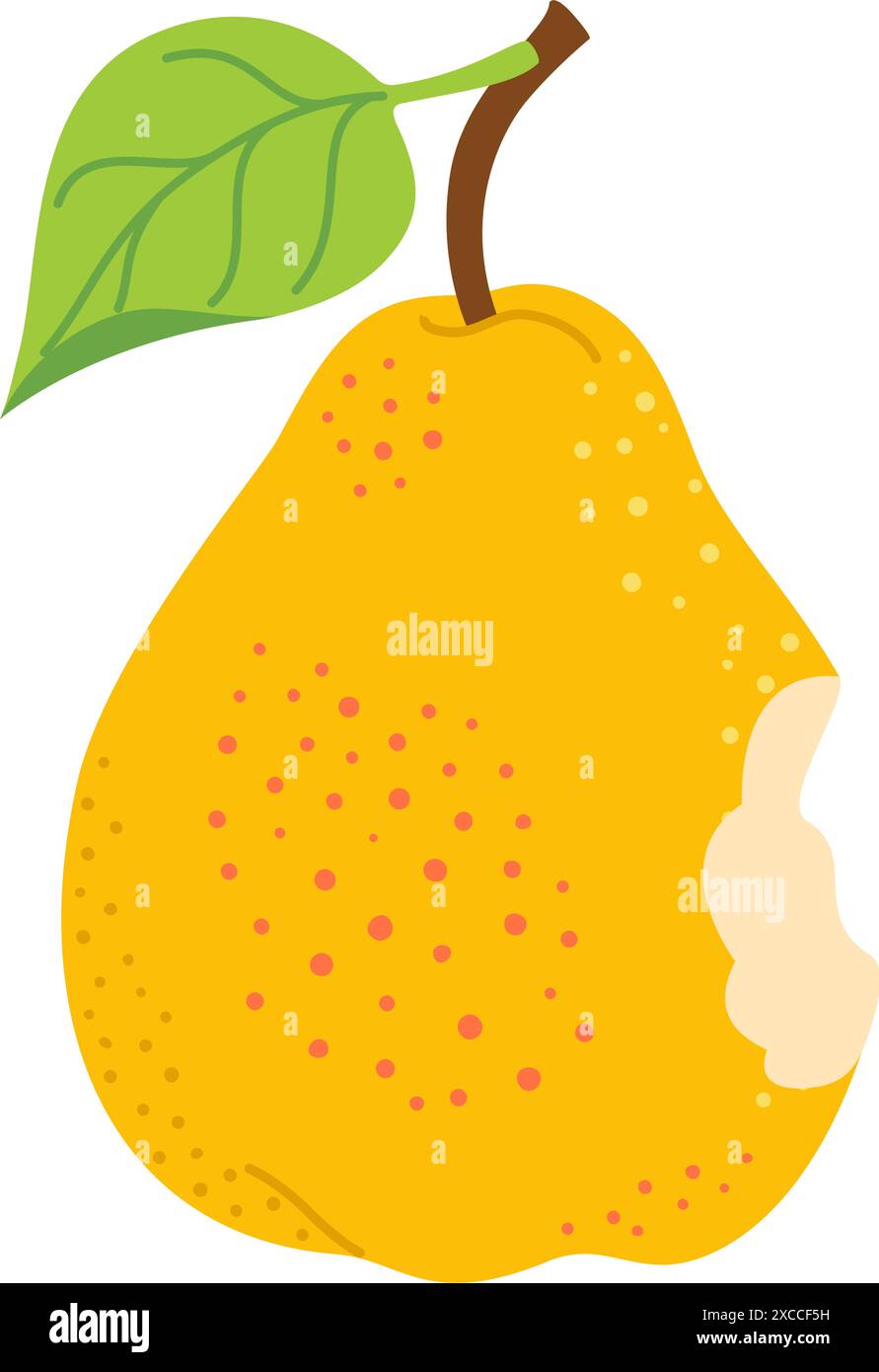 Ripe juicy bitten Pear with leaves. Yellow Pear eaten cartoon image art ...
