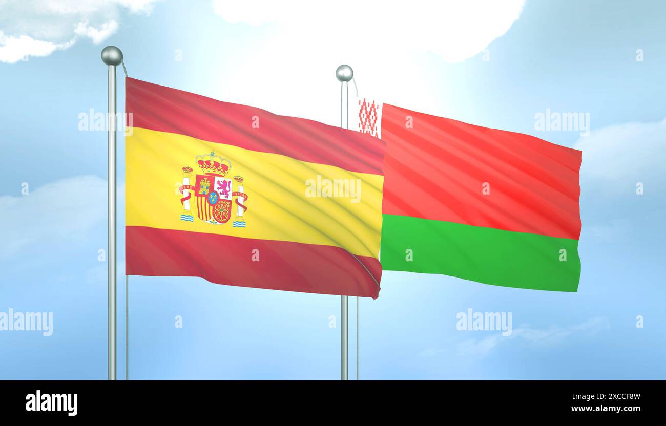 3D Flag of Spain and Belarus on Blue Sky with Sun Shine Stock Photo - Alamy