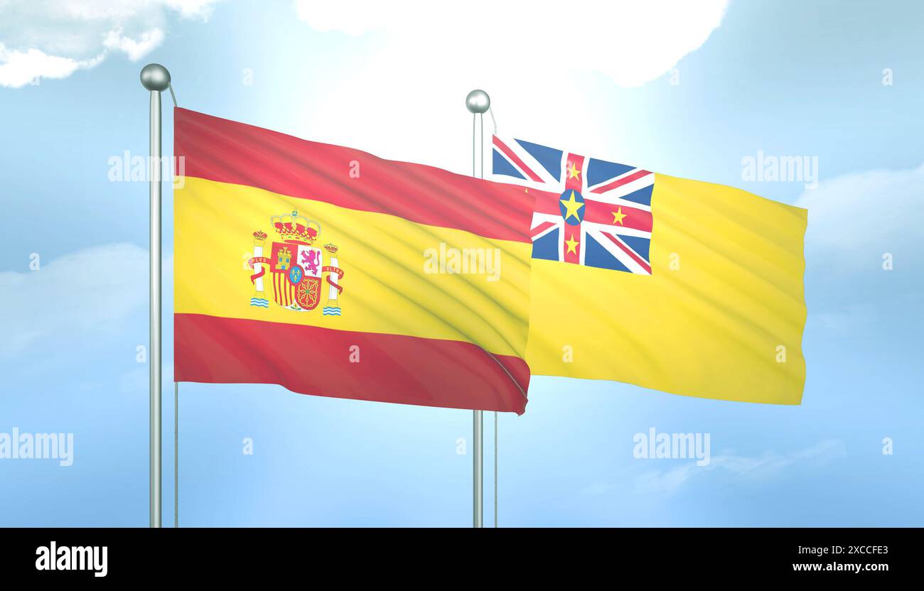 3D Flag of Spain and Niue on Blue Sky with Sun Shine Stock Photo - Alamy