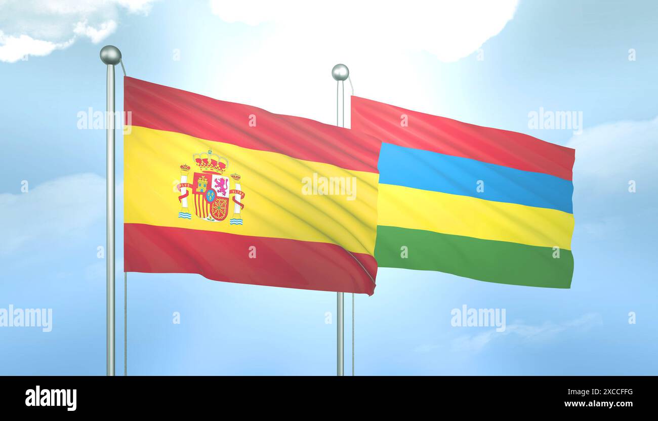 3D Flag of Spain and Mauritius on Blue Sky with Sun Shine Stock Photo ...