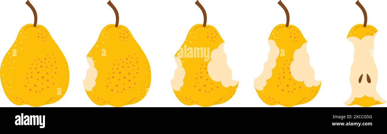 Yellow Pear eating steps cartoon icon set. Stages of biting ripe pear ...