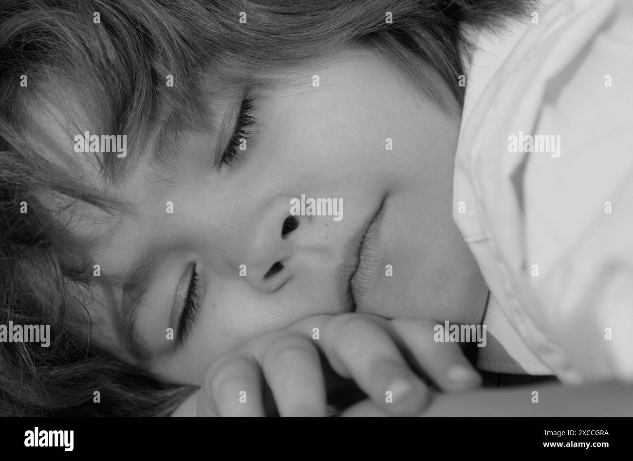 Kids dreaming face. Portrait of kid boy in nature, park or outdoors ...