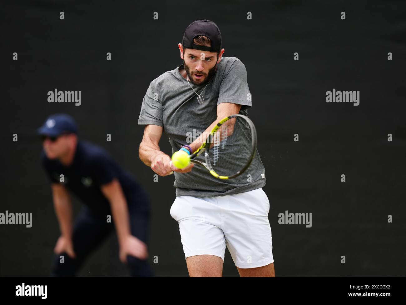 Jacob Fearnley in action against Mattia Bellucci in their men's semi ...