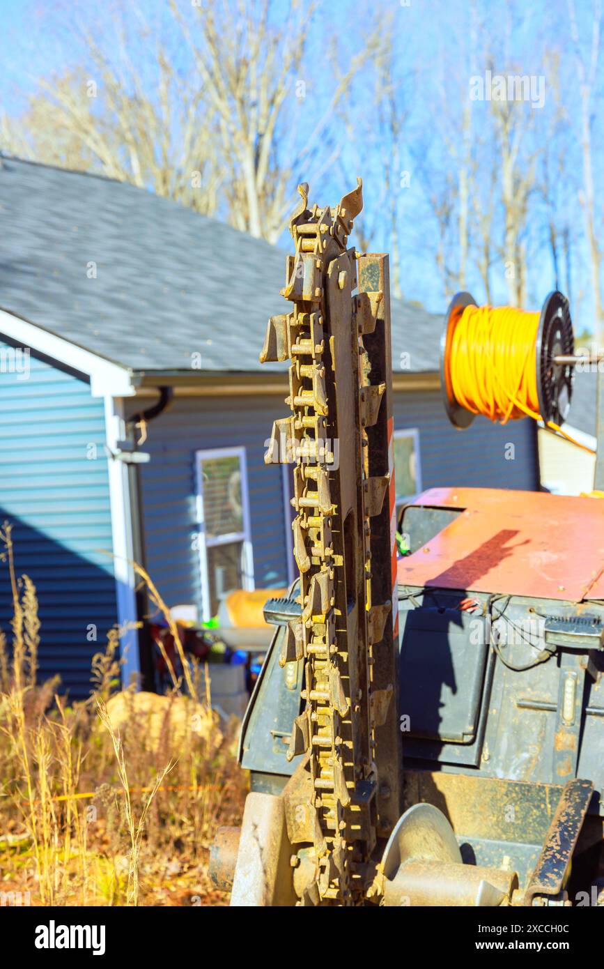 Trencher cable plow tractor is used to lay fiber optic cables Stock ...
