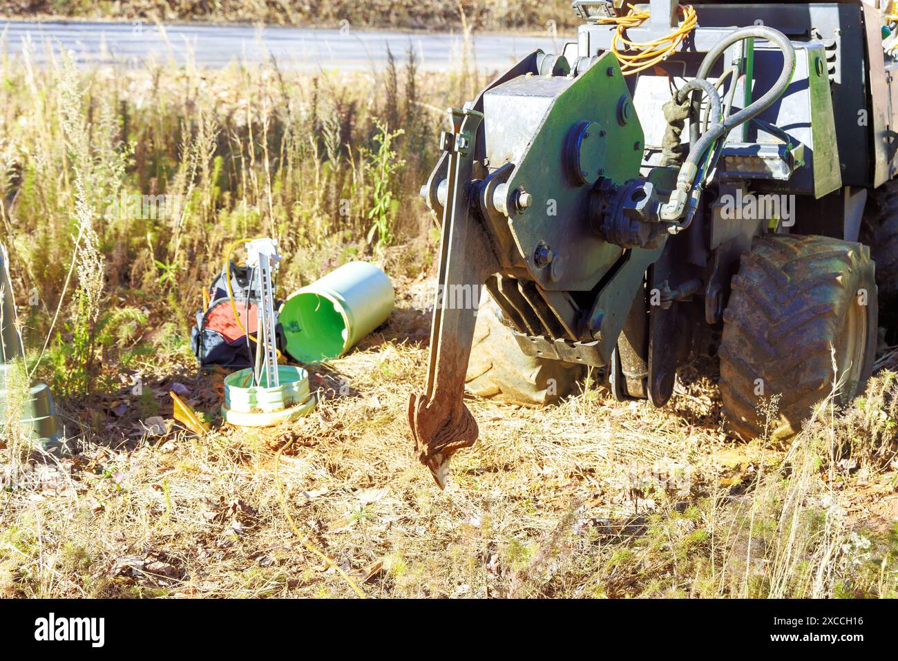 Fiber optic cables laid with help of trencher cable plow tractor Stock ...