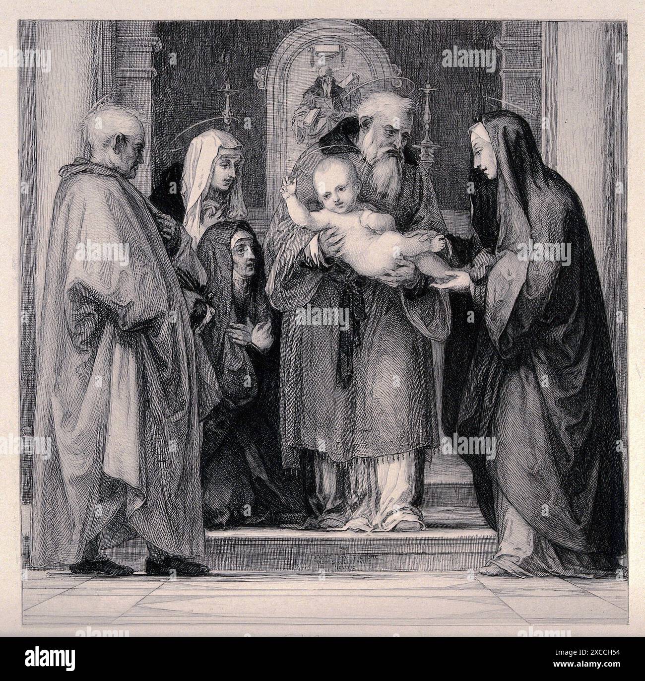 This etching depicts the biblical scene of the Presentation of Jesus at ...