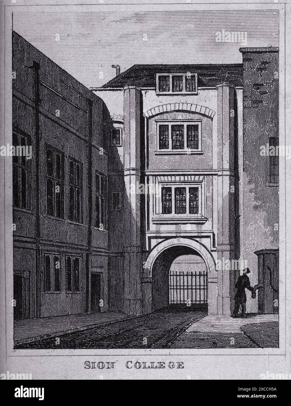 This engraving depicts the gatehouse of Sion College in London ...