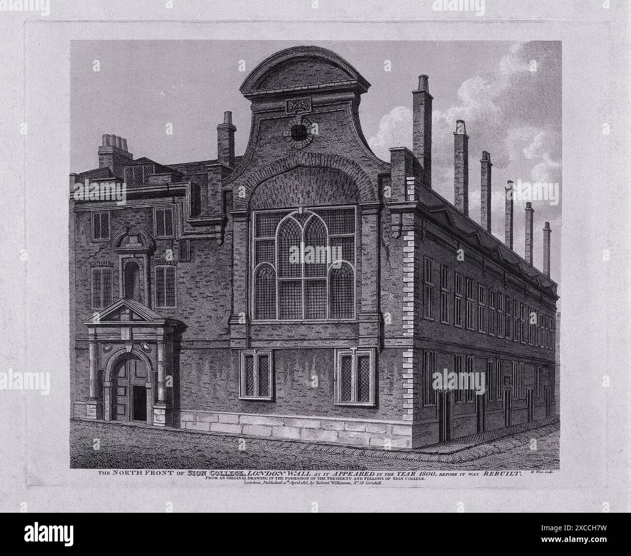 An 1815 engraving by W. Wise depicting the north facade of Sion College ...