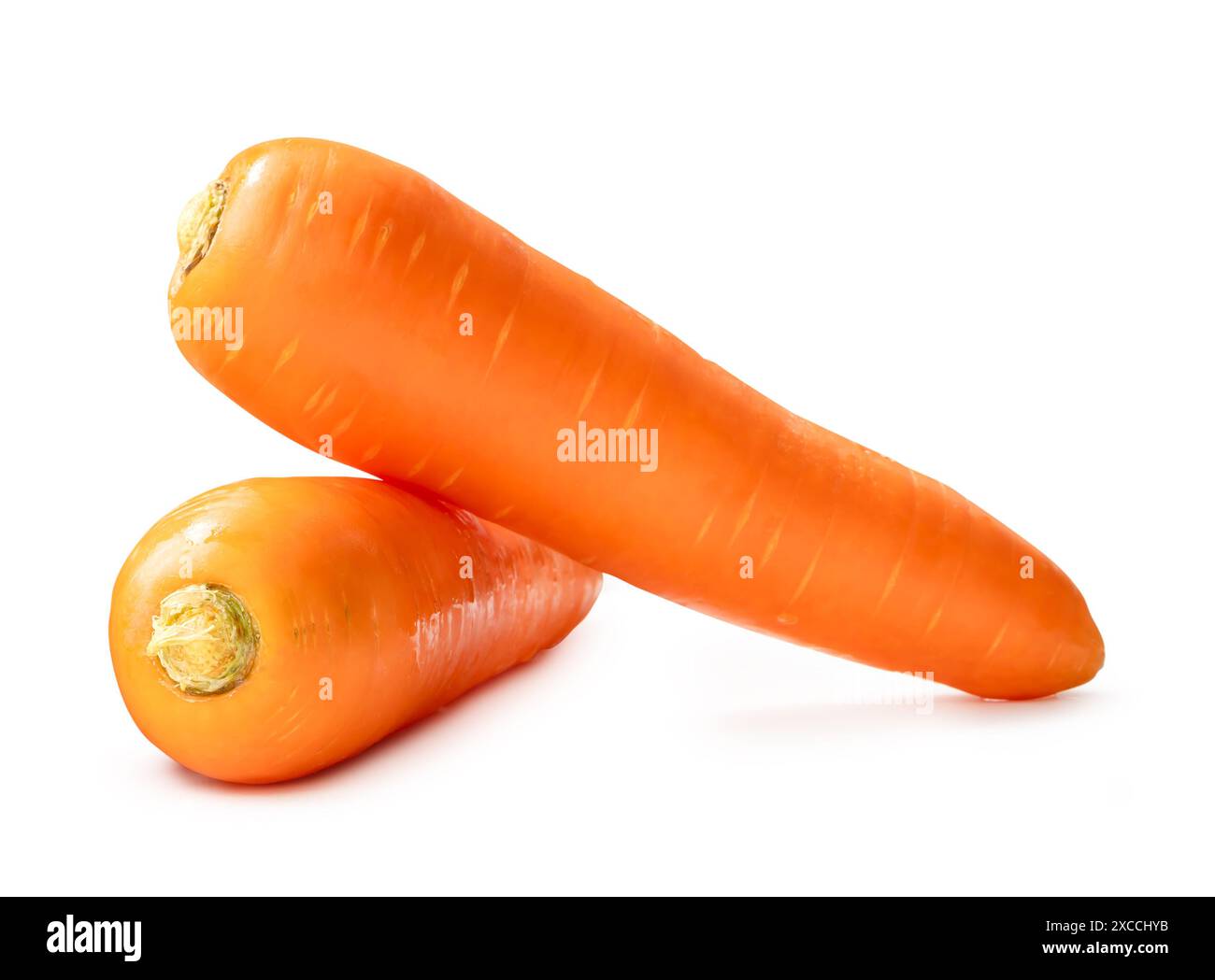 Side view of fresh orange carrots in stack is isolated on white ...