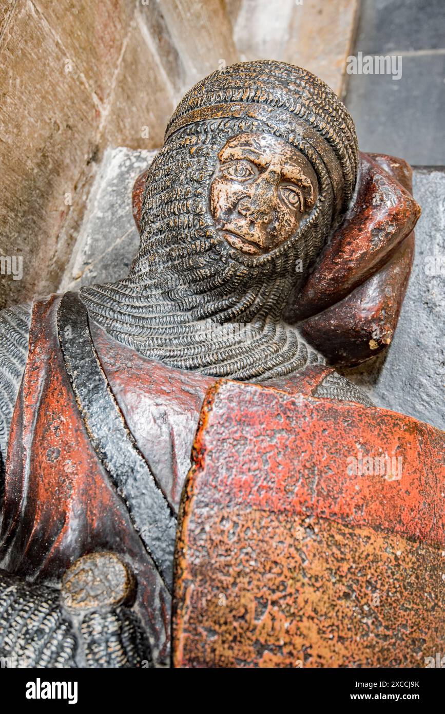 An effigy of an armed,cross-legged, 13th Century knight with chain-mail ...