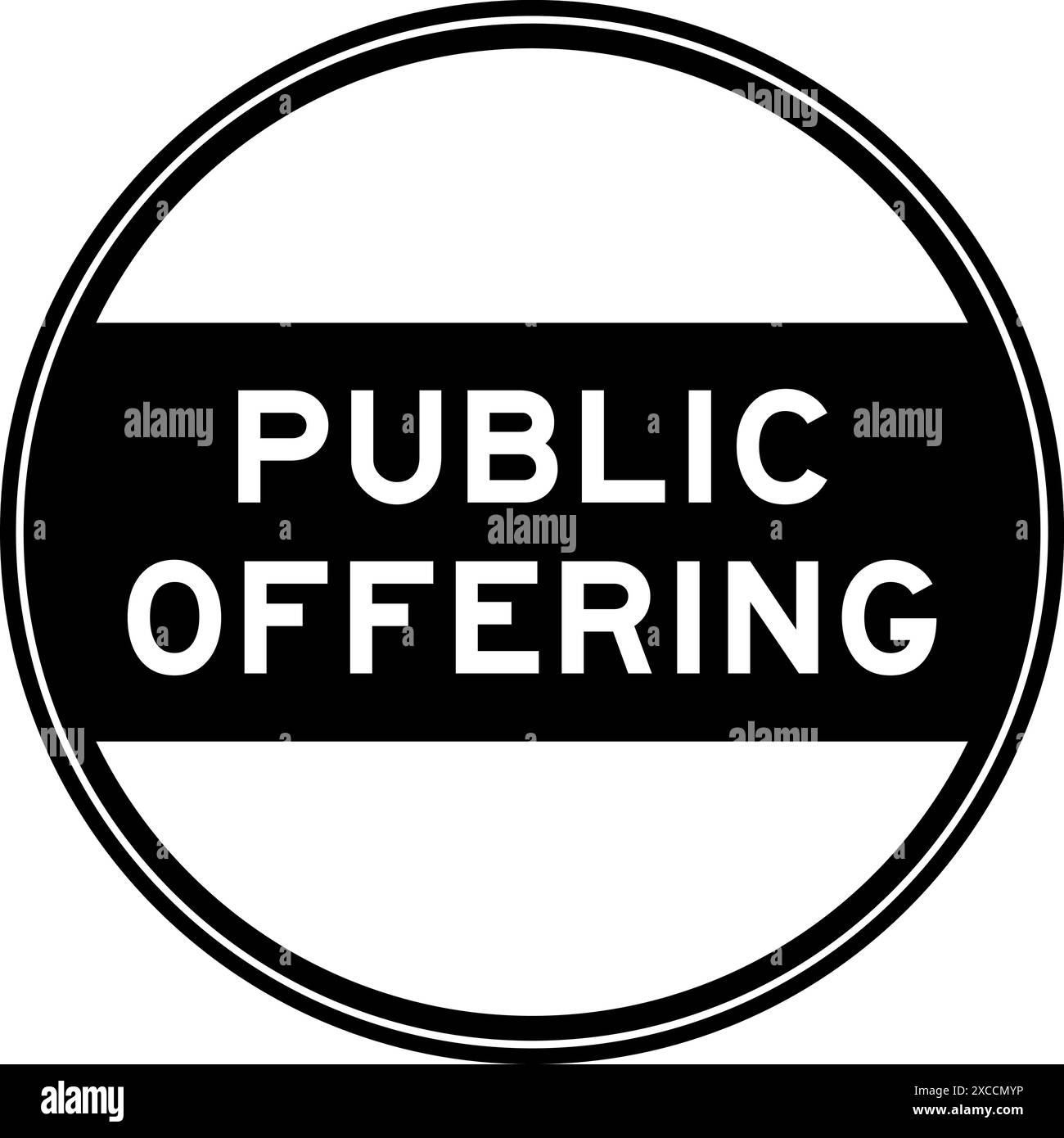 Black color round seal sticker in word public offering on white ...