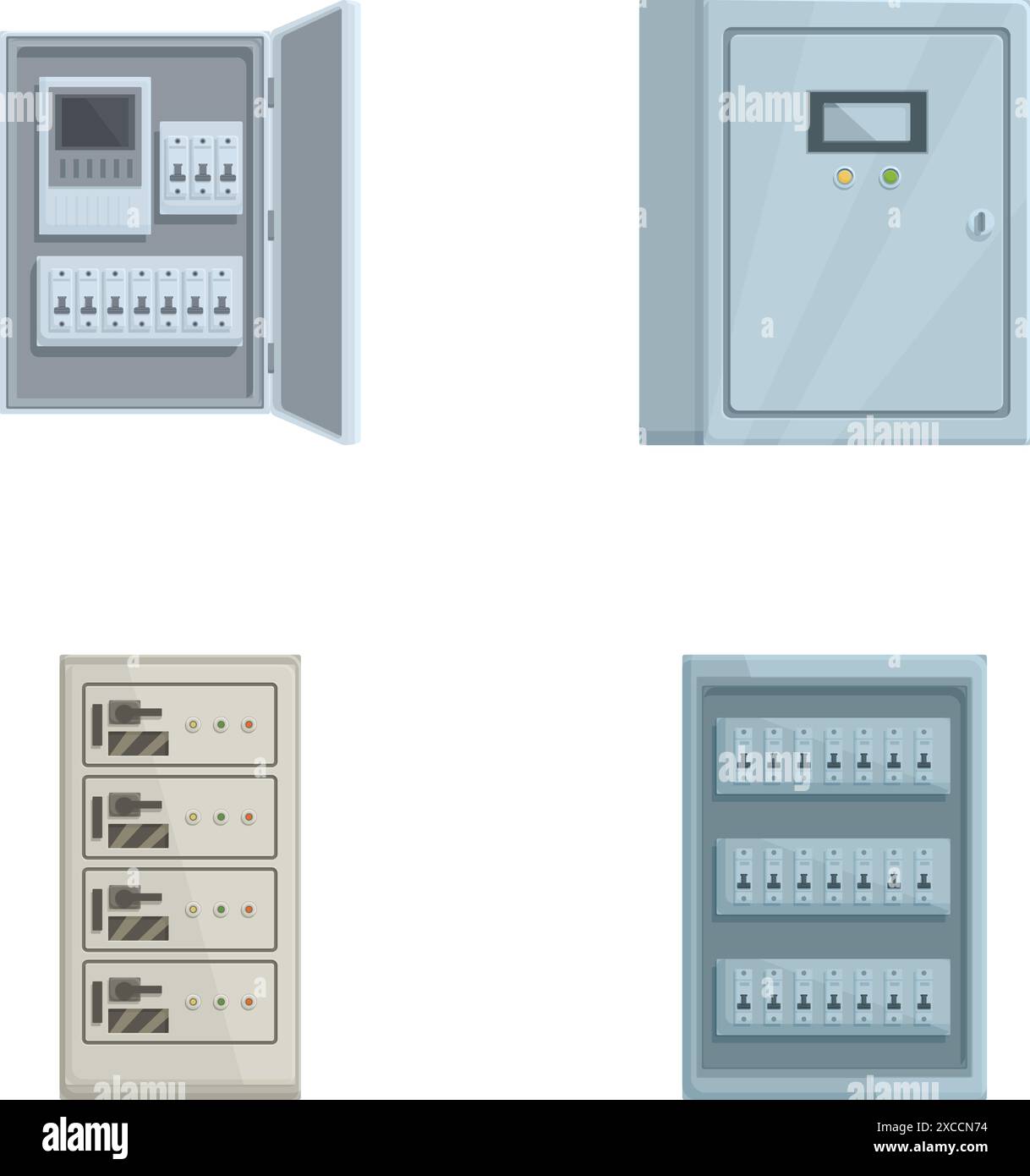 Set of different electrical panels and circuit breakers, isolated on a ...
