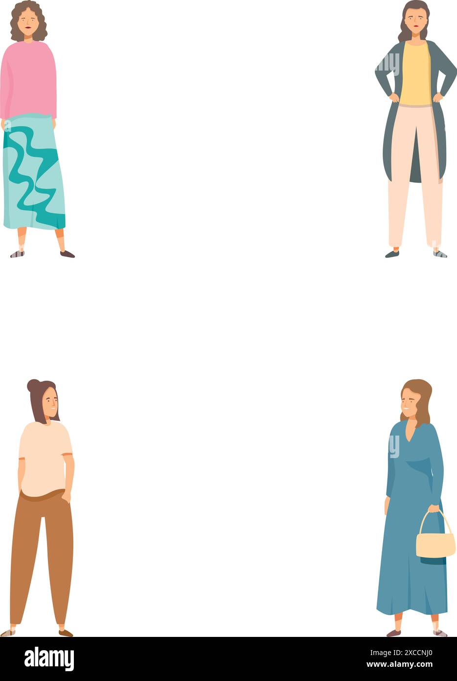 Collection of four women with different outfits and postures in flat ...
