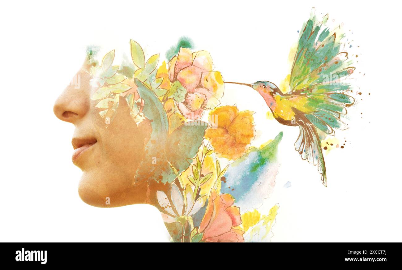 An abstract disappearing paintography profile portrait of a woman Stock ...