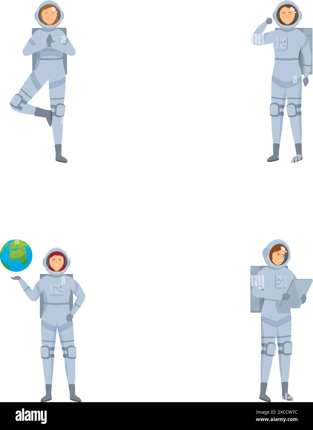 Collection of four cartoon astronaut characters in different actions ...