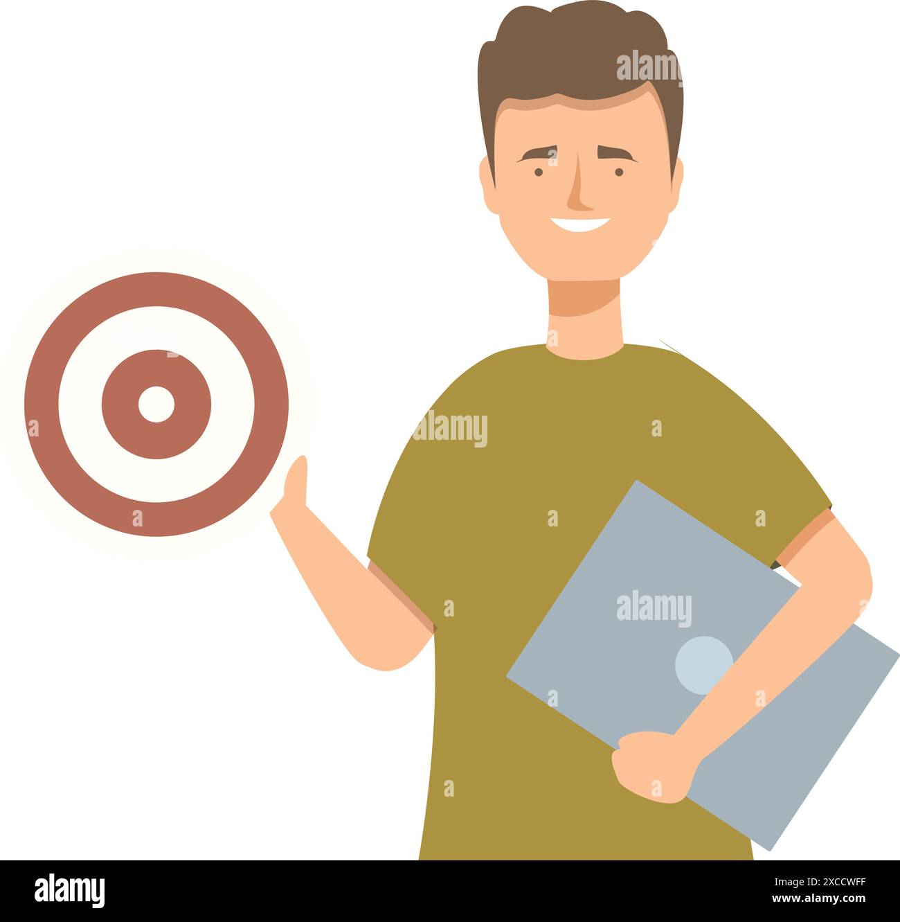 Young man holding laptop is pointing at target symbol hi-res stock ...